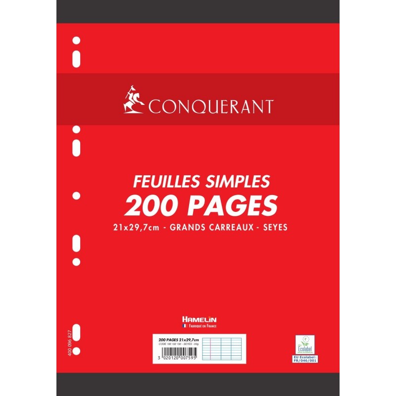 Feuillets mobiles perforés Conquerant A4 90g/m² 200 pages grands ...